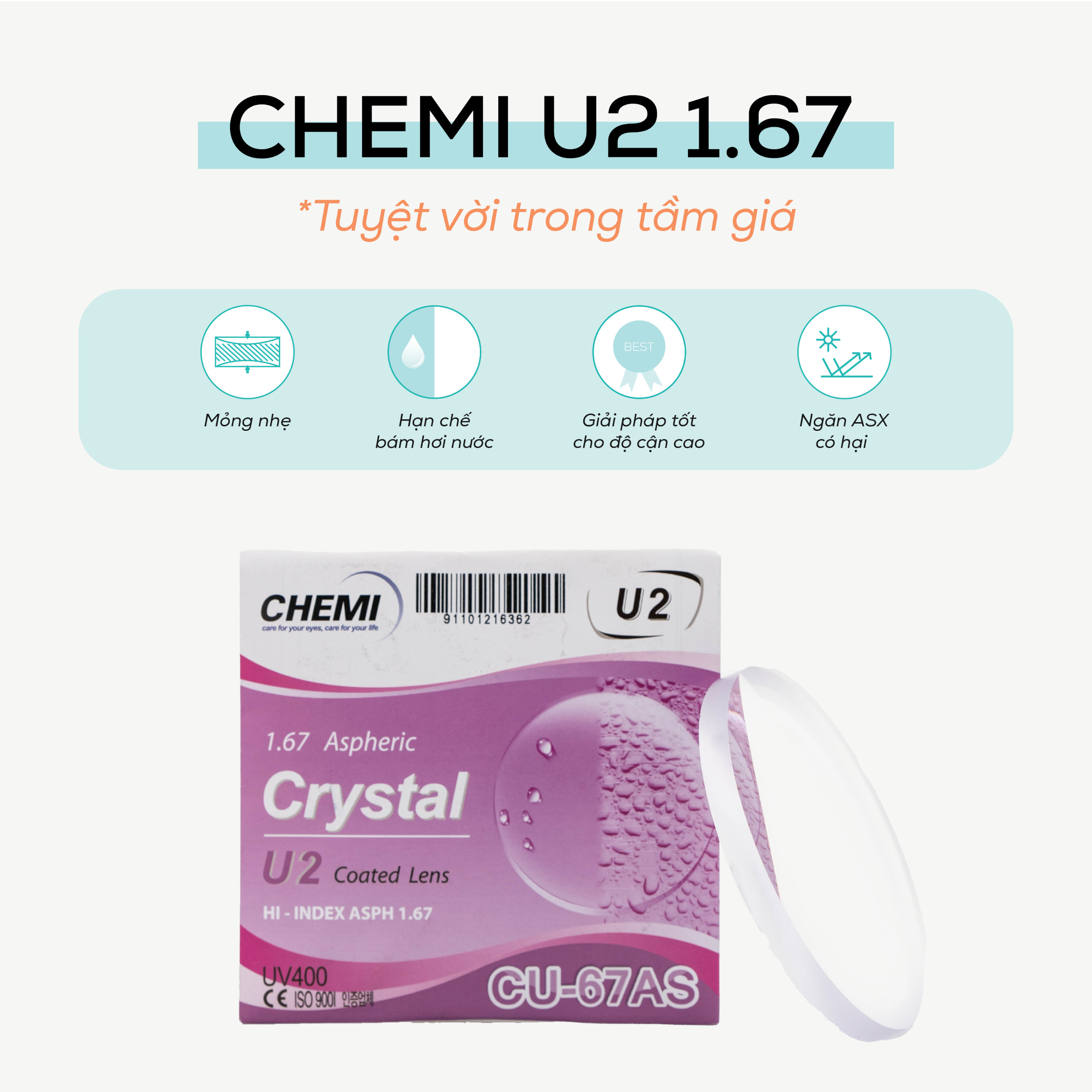 Tròng kính Chemi U2 Chiết suất 1.67 - Kính mắt Anna